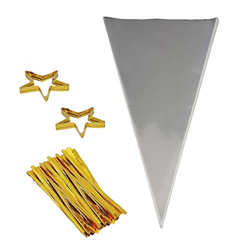 COOLAKE Clear Cone Bags 100PCS Cellophane Triangle Clear Treat Bags with Gold Twist Ties for Christmas Candy Popcorn Handmade Cookies Sweets Crafts 14.5” by 7”