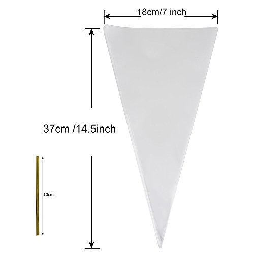 COOLAKE Clear Cone Bags 100PCS Cellophane Triangle Clear Treat Bags with Gold Twist Ties for Christmas Candy Popcorn Handmade Cookies Sweets Crafts 14.5” by 7”