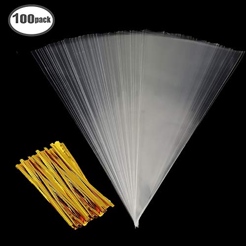 COOLAKE Clear Cone Bags 100PCS Cellophane Triangle Clear Treat Bags with Gold Twist Ties for Christmas Candy Popcorn Handmade Cookies Sweets Crafts 14.5” by 7”