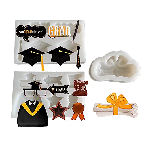 3 Pcs Graduation Silicone Chocolate Fondant Molds, Graduation Cap Diploma mould Congrats Grad Shape Reusable Candy Trays for Cookies Baking Pans Cake Muffin Decorations Jelly for Grad Party