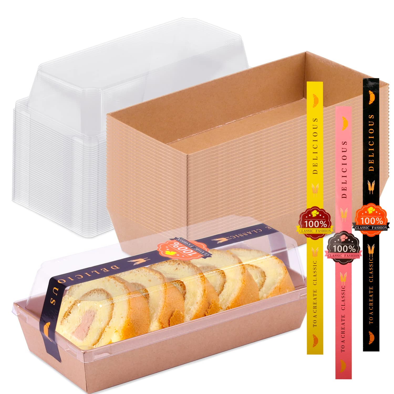 Lainrrew 50 Sets Roll Cake Box, Swiss Roll Plastic Containers Sandwich Paper Box with Clear Lids Muffin Cheese Pastry Dessert Box Sushi Fruits Display Food Storage Holder Cupcake Container Box