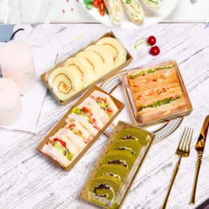 Lainrrew 50 Sets Roll Cake Box, Swiss Roll Plastic Containers Sandwich Paper Box with Clear Lids Muffin Cheese Pastry Dessert Box Sushi Fruits Display Food Storage Holder Cupcake Container Box