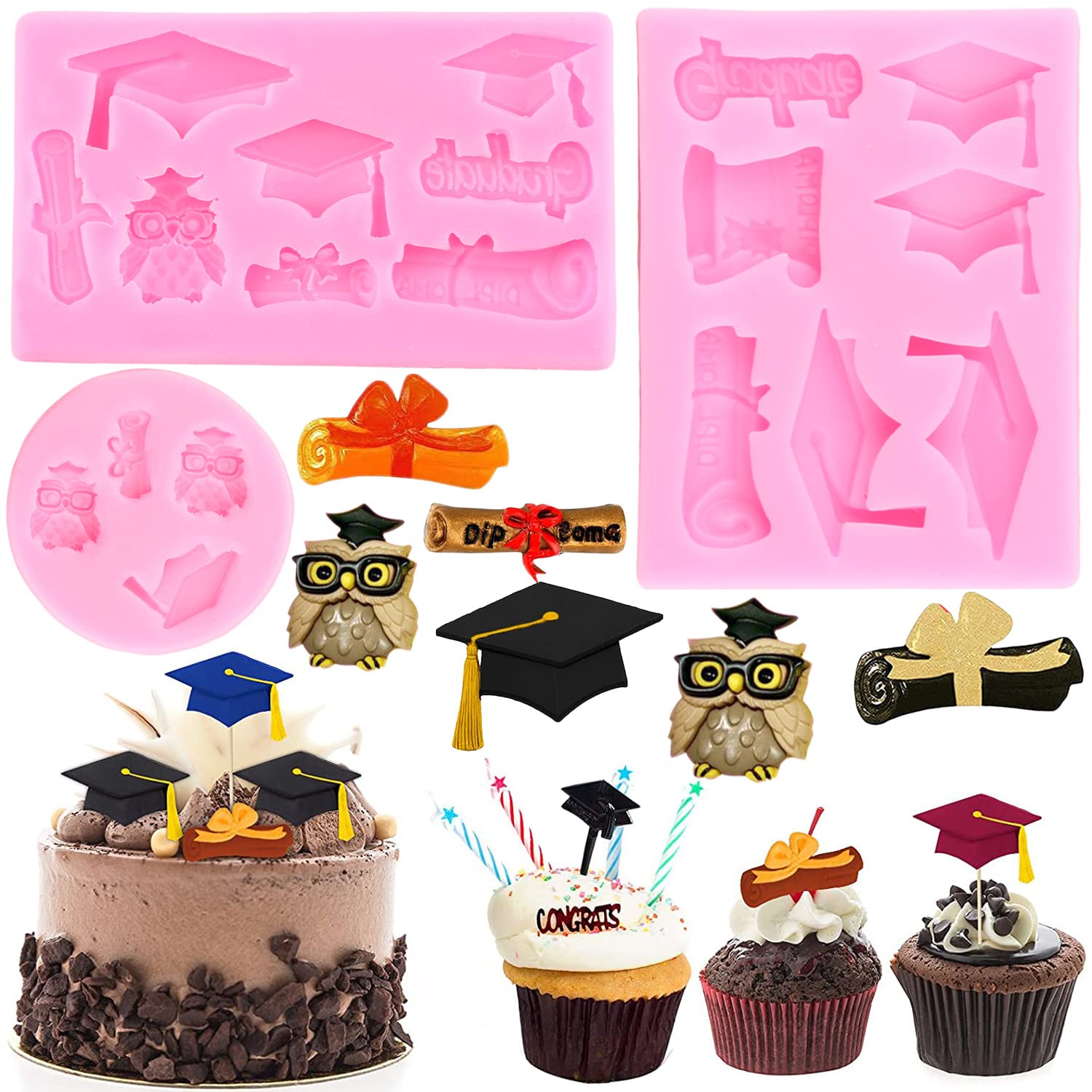 ZiXiang Graduation Silicone Mold Doctoral Cap Silicone Molds Diploma Scroll Graduate Fondant Mold Certificate Candy Molds Doctoral Hat Chocolate Mold For Cupcake Cake Decoration Set Of 3