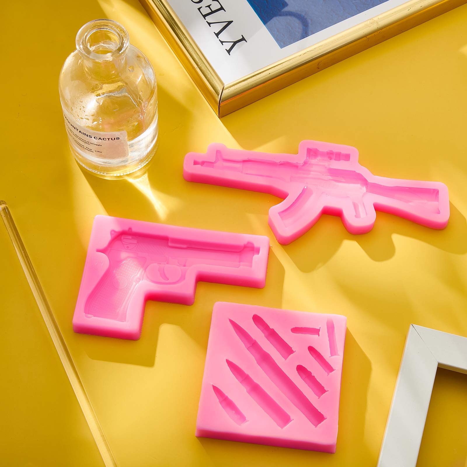 2 Pieces Gun Silicone Molds Pistol Machine Gun Mold and 1 Piece Mini Sizes Bullet Silicone Molds Mini Bullet Silicone Casting Mold for Cake Decoration Fondant Cake Decor Tools, Pink