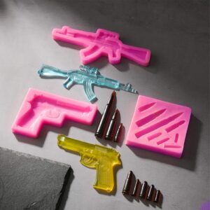 2 Pieces Gun Silicone Molds Pistol Machine Gun Mold and 1 Piece Mini Sizes Bullet Silicone Molds Mini Bullet Silicone Casting Mold for Cake Decoration Fondant Cake Decor Tools, Pink