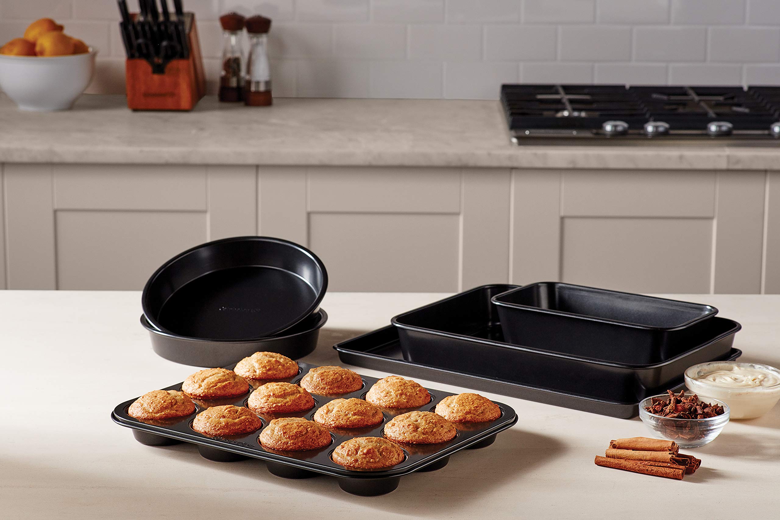 Calphalon Nonstick Bakeware Set, 6-Piece Set Includes Baking Sheet, Cake, Muffin, and Loaf Pans, Dishwasher Safe, Black