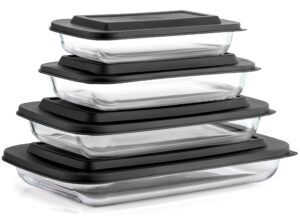 joyful by joyjolt 8pc glass bakeware set. 4x baking pan dishes and 4x baking dish lids for kitchen storage, deep baking sheet, oven tray, rectangle casserole dish, lasagna pans, cake baking sheets