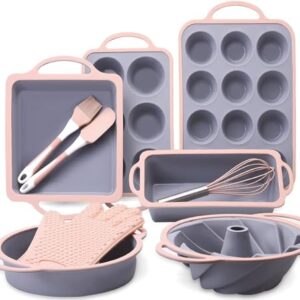 Silicone Bakeware Sets, 10in1 Silicone Baking Pans Set, Baking Set, Bundt Cake Pan Set Muffin Pan with Silicone Spatulas Pastry Brush Oven Mitts Whisk, Silicone Baking Pan Set for Cheesecake (Pink)