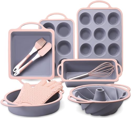 Silicone Bakeware Sets, 10in1 Silicone Baking Pans Set, Baking Set, Bundt Cake Pan Set Muffin Pan with Silicone Spatulas Pastry Brush Oven Mitts Whisk, Silicone Baking Pan Set for Cheesecake (Pink)