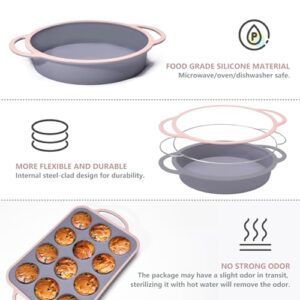 Silicone Bakeware Sets, 10in1 Silicone Baking Pans Set, Baking Set, Bundt Cake Pan Set Muffin Pan with Silicone Spatulas Pastry Brush Oven Mitts Whisk, Silicone Baking Pan Set for Cheesecake (Pink)