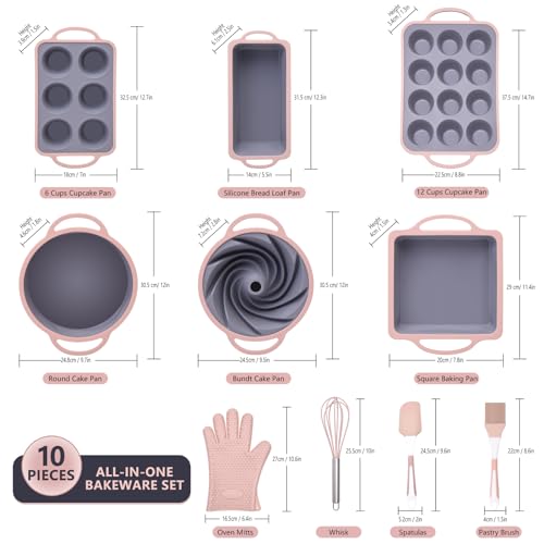 Silicone Bakeware Sets, 10in1 Silicone Baking Pans Set, Baking Set, Bundt Cake Pan Set Muffin Pan with Silicone Spatulas Pastry Brush Oven Mitts Whisk, Silicone Baking Pan Set for Cheesecake (Pink)