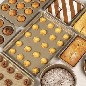 Kitcom Nonstick Bakeware Sets Textured 6-Piece with Cookie Sheet Set, Roasting Pan, Round Cake Pan, Loaf Pan, Heavy Duty Carbon Steel Premium Baking Pans, Champagne Gold