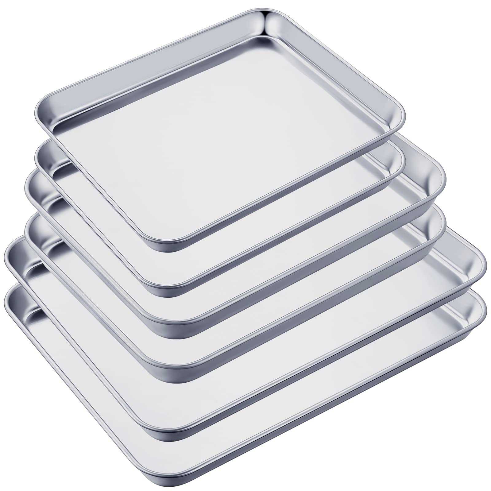 Baking Sheet Set of 6 Stainless Steel Cookie Sheet Baking Pans Set 9/10/12 Inch Baking Tray Bakeware Toaster Oven Pan, Easy Clean and Dishwasher Safe, Silver