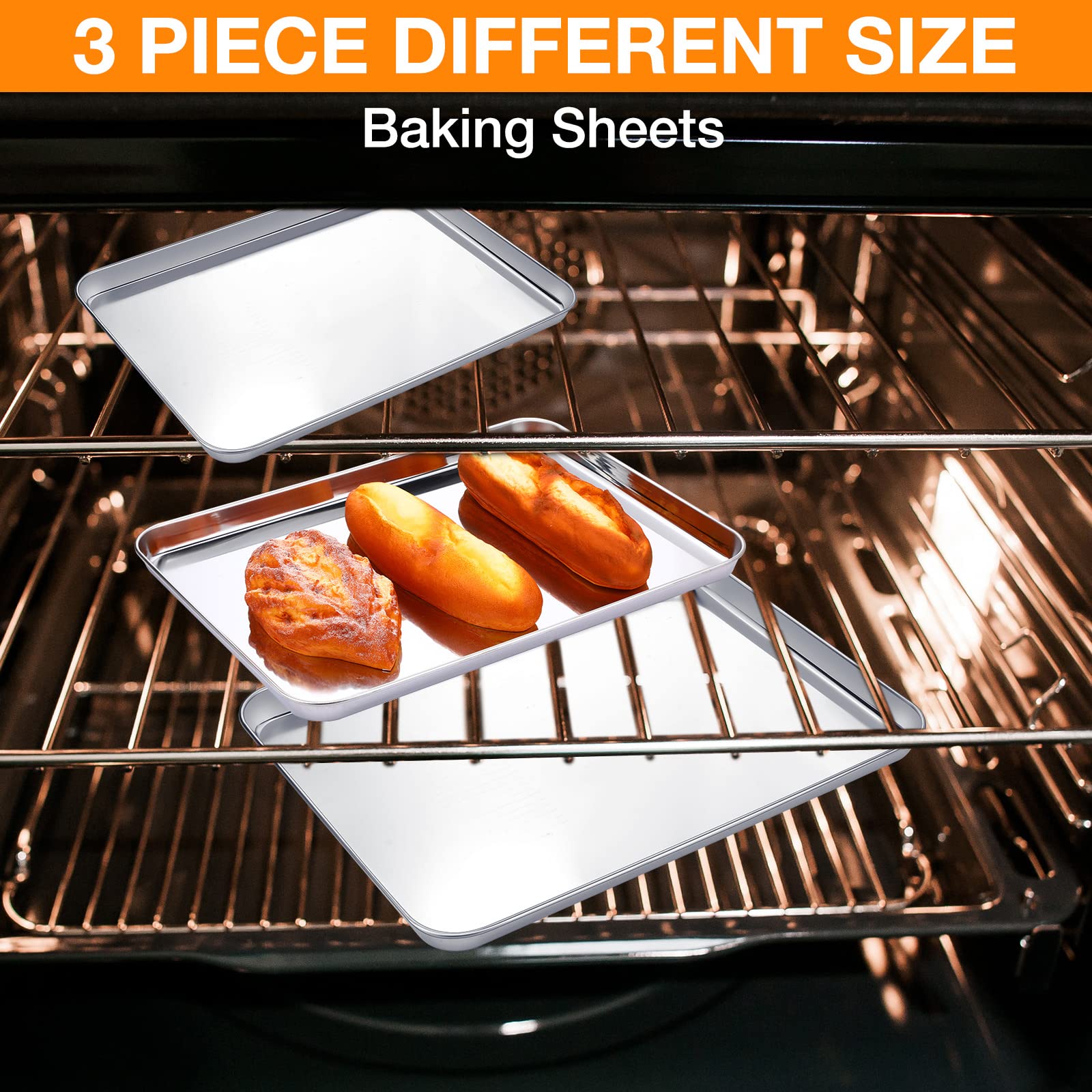 Baking Sheet Set of 6 Stainless Steel Cookie Sheet Baking Pans Set 9/10/12 Inch Baking Tray Bakeware Toaster Oven Pan, Easy Clean and Dishwasher Safe, Silver