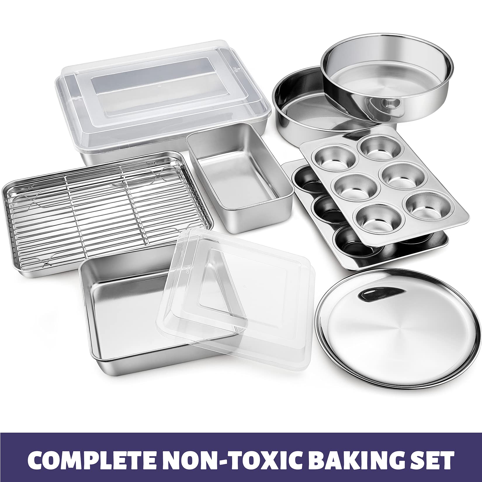 12-Piece Stainless Steel Baking Pans Set, P&P CHEF Kitchen Bakeware Set, Include Baking Sheet with Rack, Round/Square Cake Pan, Lasagna Pan, Loaf Pan, Muffin Pan, Pizza Tray & 2 Covers, Durable