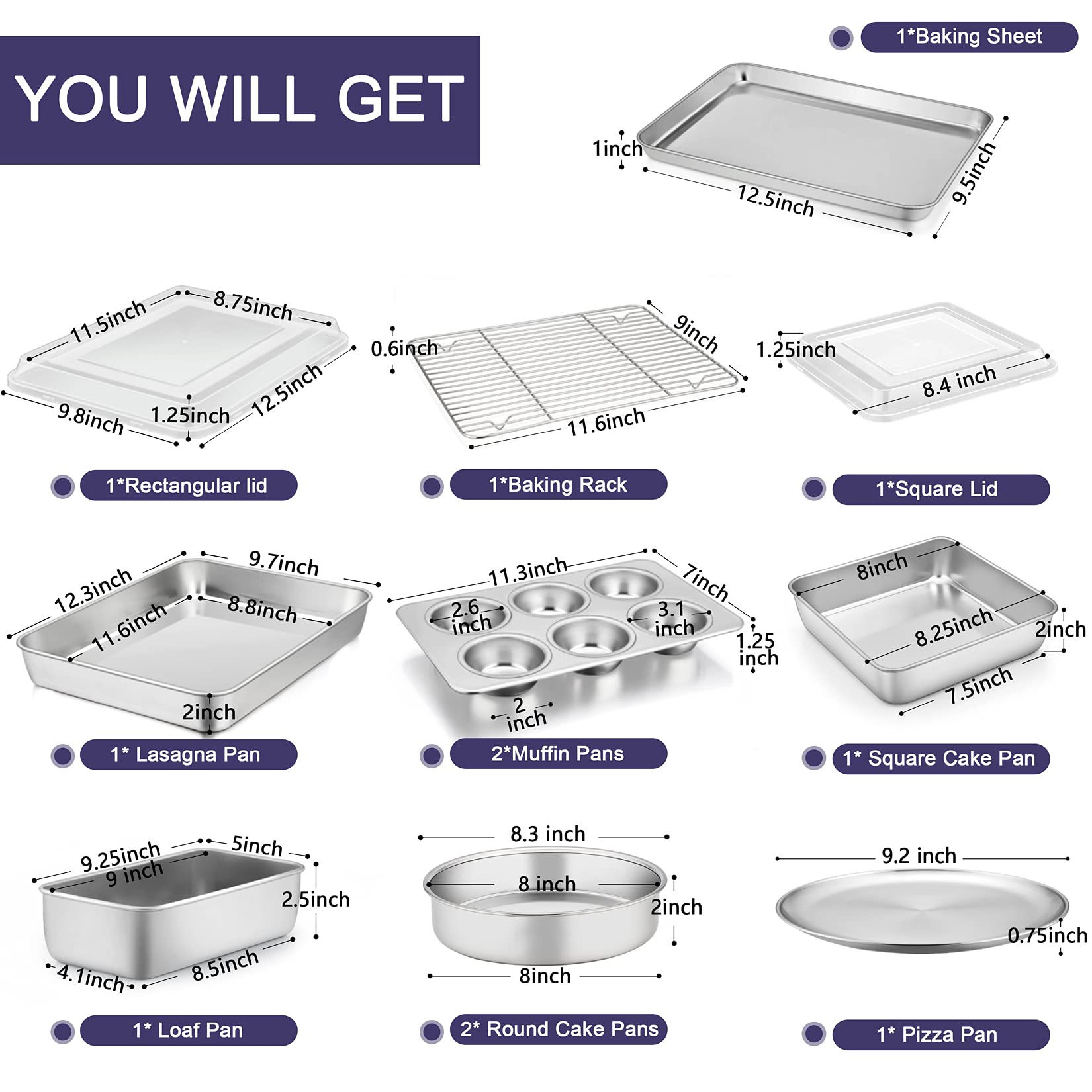 12-Piece Stainless Steel Baking Pans Set, P&P CHEF Kitchen Bakeware Set, Include Baking Sheet with Rack, Round/Square Cake Pan, Lasagna Pan, Loaf Pan, Muffin Pan, Pizza Tray & 2 Covers, Durable