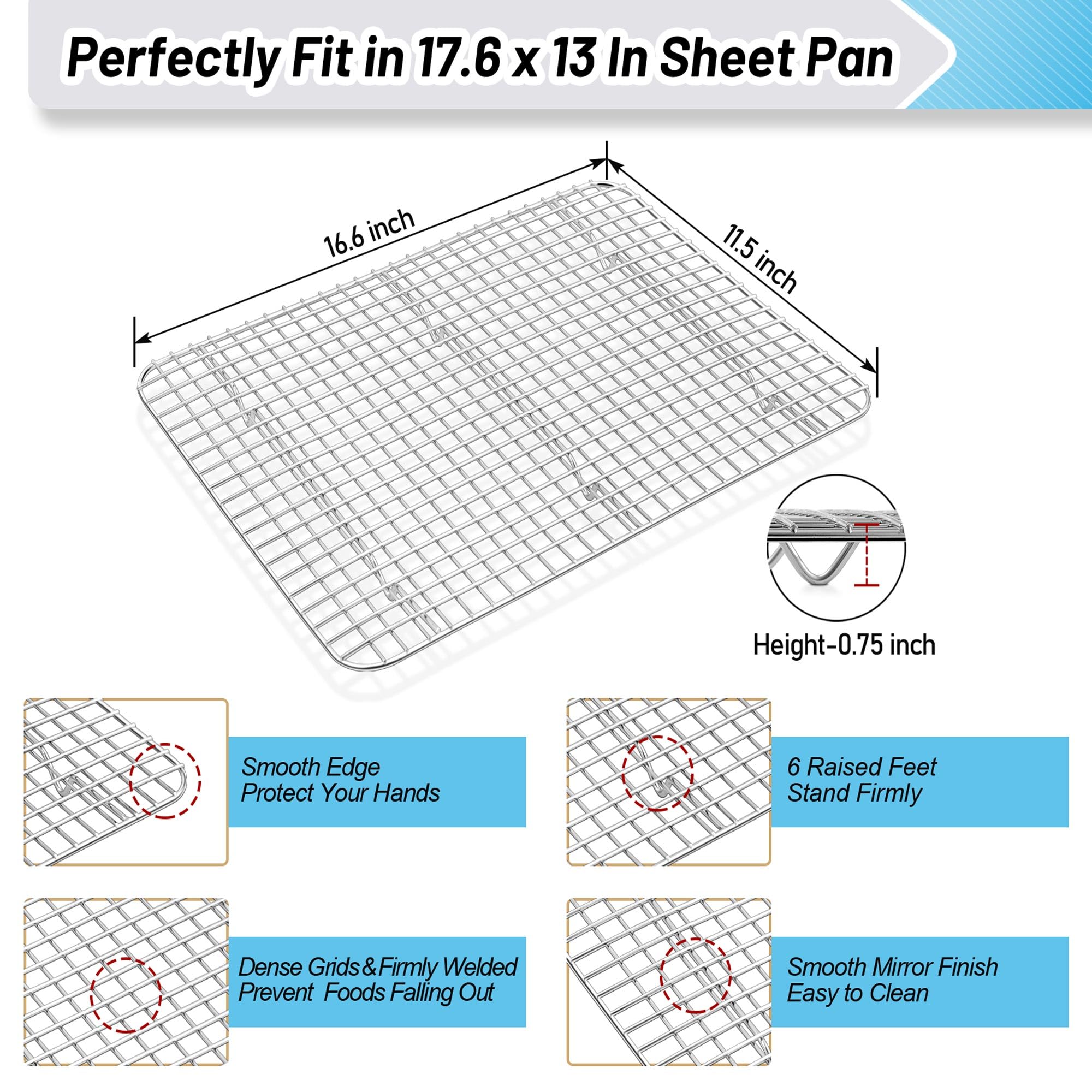 TeamFar Baking Sheet with Rack, 17.6 x 13 x 1 Inch Stainless Steel Baking Tray Pan Cookie Sheet with Cooling Rack Set for Baking/Roasting/Cooling, Non-Toxic & Heavy Duty, Dishwasher Safe