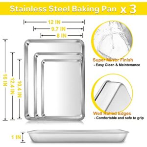 E-far Baking Cookie Sheet Pan Set of 3, 16/12.4/10.4 Inch, Stainless Steel Baking Pans Set for Oven, Rectangle Baking Tray for Cooking Roasting, Non Toxic & Easy Clean, Dishwasher Safe