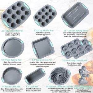 To encounter 27 in 1 Silicone Baking Set - 10 Silicone Baking Cake Pan, Silicone Cake Molds, Baking Sheet, Donut Pan, Silicone Muffin Pan with Measuring Cups and Spoons Set