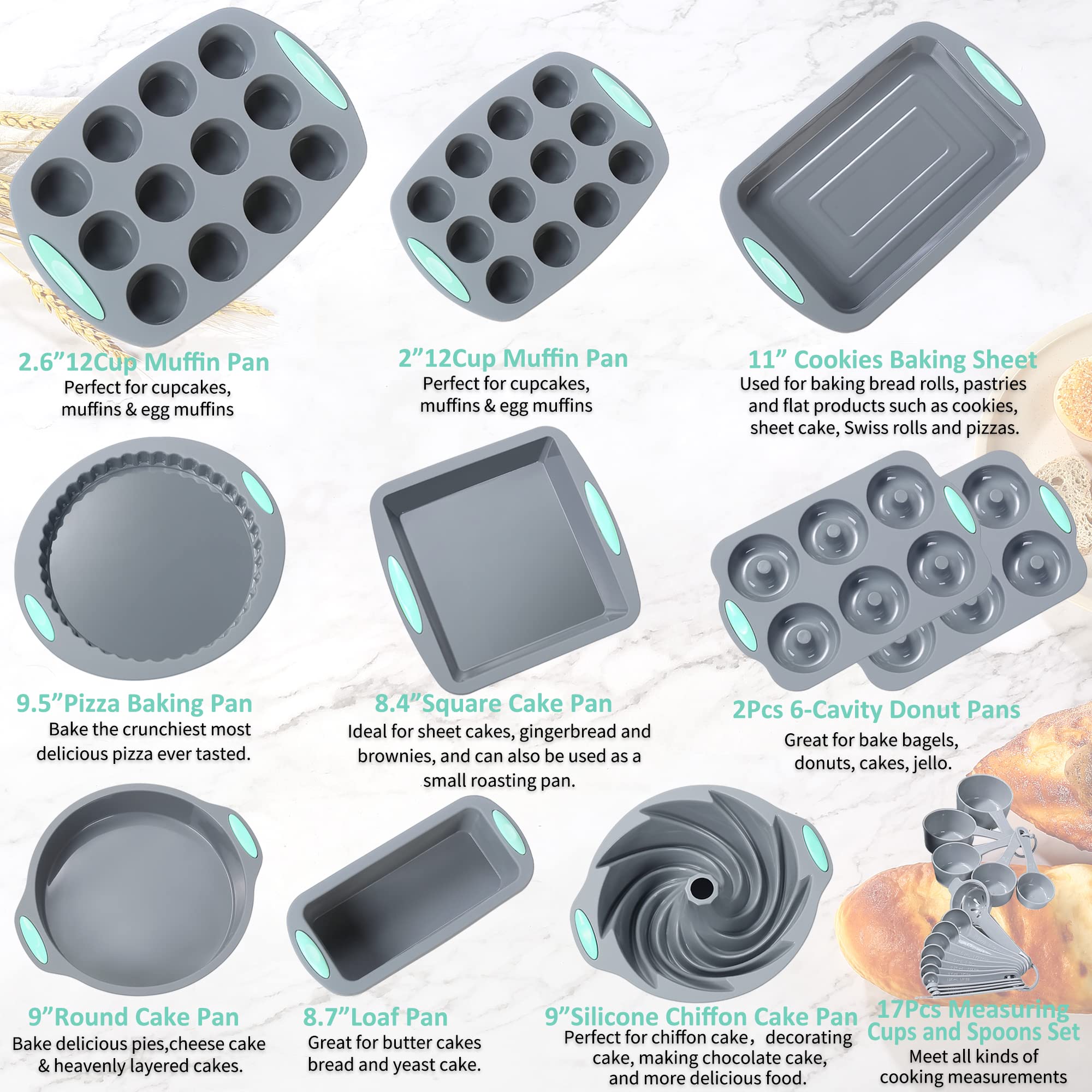 To encounter 27 in 1 Silicone Baking Set - 10 Silicone Baking Cake Pan, Silicone Cake Molds, Baking Sheet, Donut Pan, Silicone Muffin Pan with Measuring Cups and Spoons Set