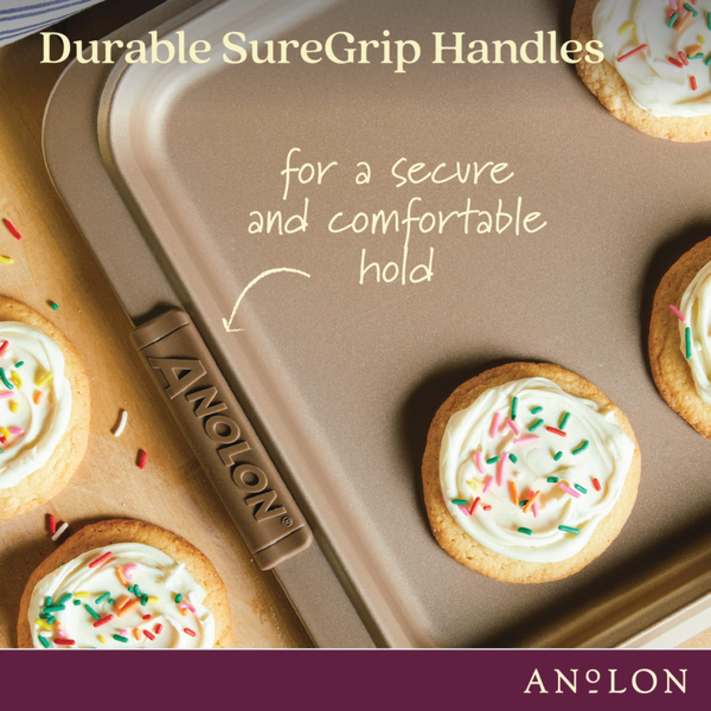 Anolon Advanced Nonstick Bakeware Cookie Pan Set/Baking Sheets with Silicone Grips, 11" x 17", Bronze