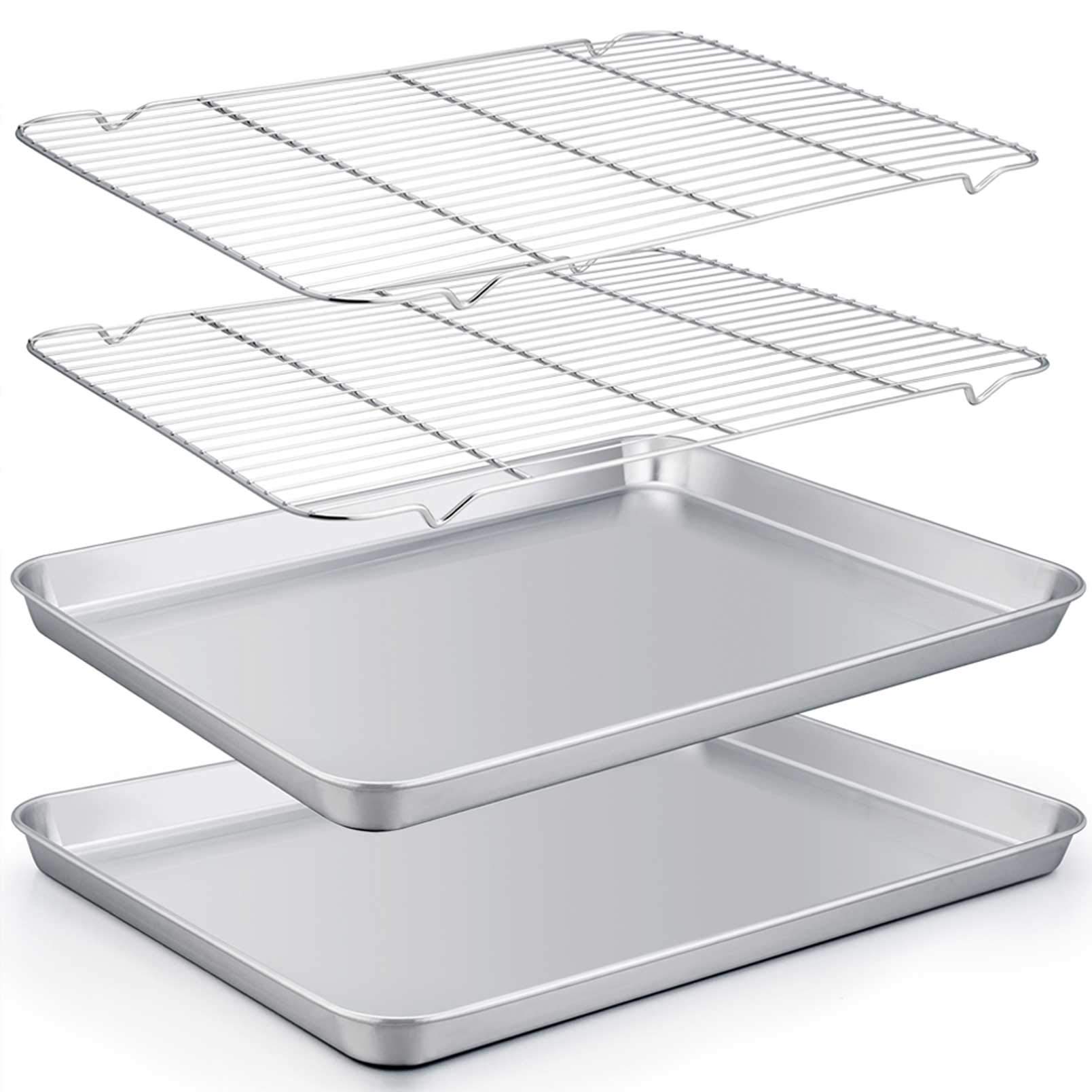 TeamFar Baking Sheet with Rack Set of 4, 20’’×14’’×1.2’’, Half Size Stainless Steel Cookie Sheet Baking Pans with Cooling Rack Set, Non Toxic & Rust Free, Mirror Finish & Easy Clean, 2 Pans & 2 Racks