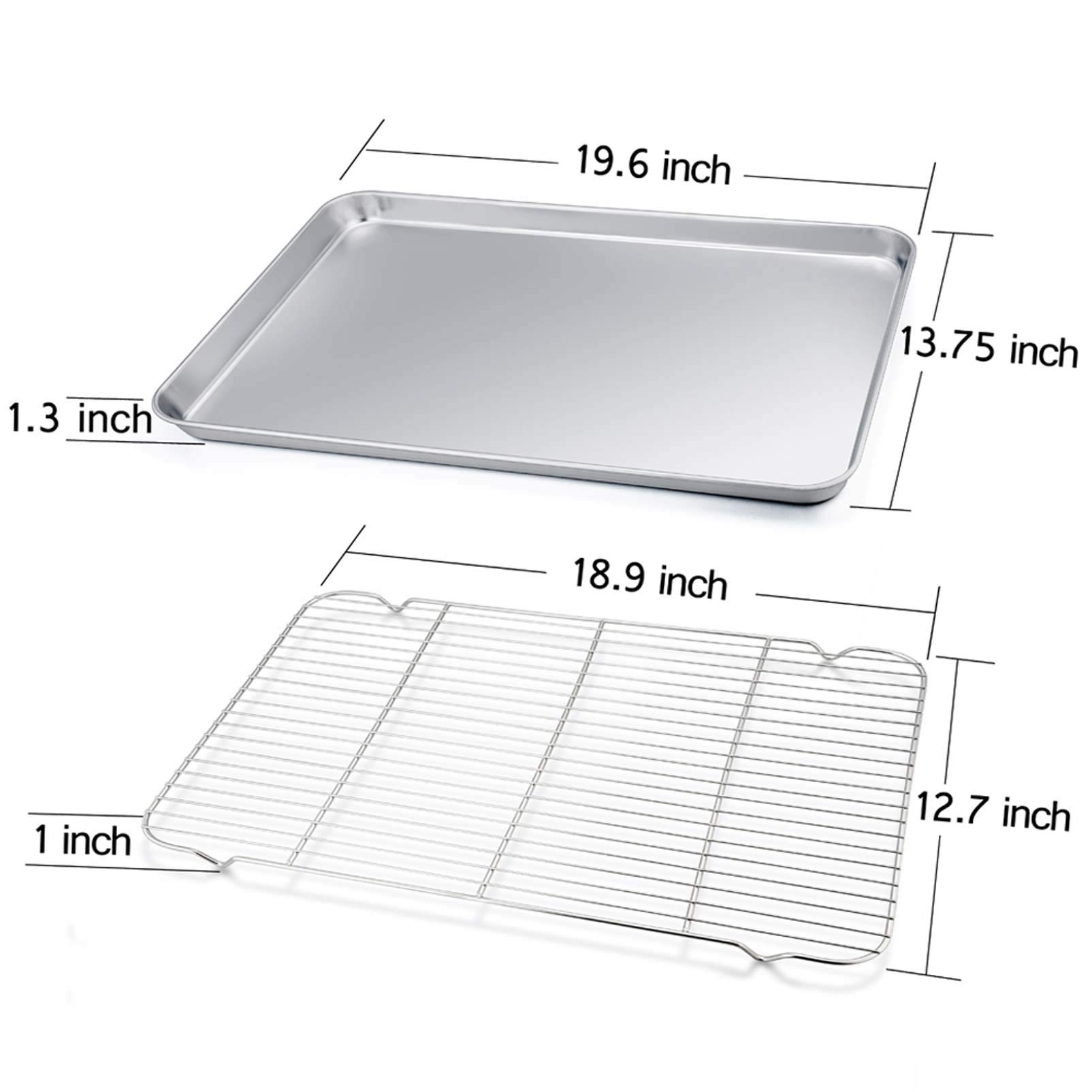 TeamFar Baking Sheet with Rack Set of 4, 20’’×14’’×1.2’’, Half Size Stainless Steel Cookie Sheet Baking Pans with Cooling Rack Set, Non Toxic & Rust Free, Mirror Finish & Easy Clean, 2 Pans & 2 Racks