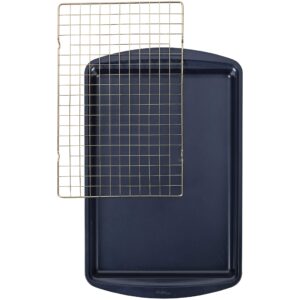 wilton non-stick diamond-infused large navy blue cookie sheet with gold cooling grid set, 11 x 17