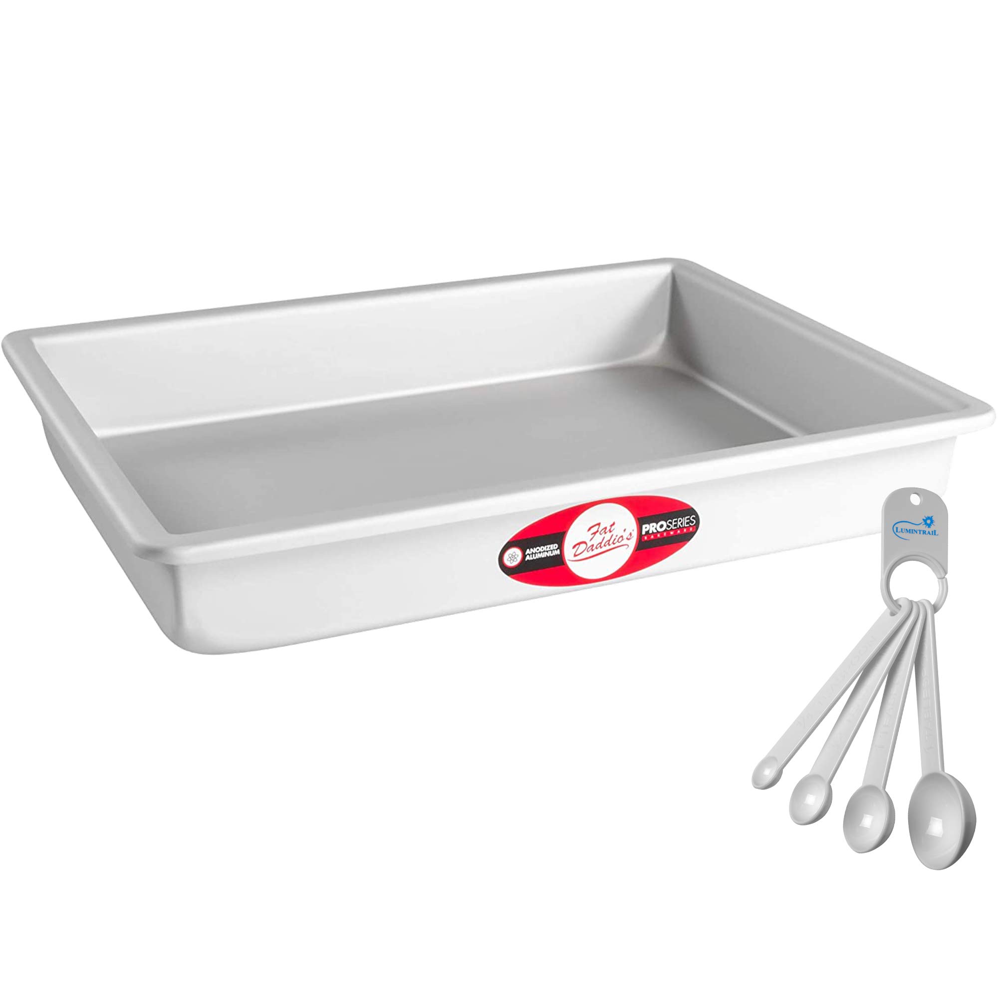 Fat Daddios Sheet Cake Pan, 9 x 13 x 2 Inch, Anodized Aluminum with a Lumintrail Measuring Spoon Set