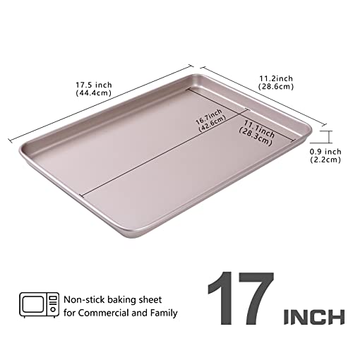 17 Inch Cookie Baking Sheet Pan Jelly Roll Pan, Nonstick Cookie Sheet for Baking, Baking Sheets for Nonstick Oven Pan, Thicker Carbon Steel Oven Baking Tray for Roasting Meat Bread Jelly Roll(Gold)