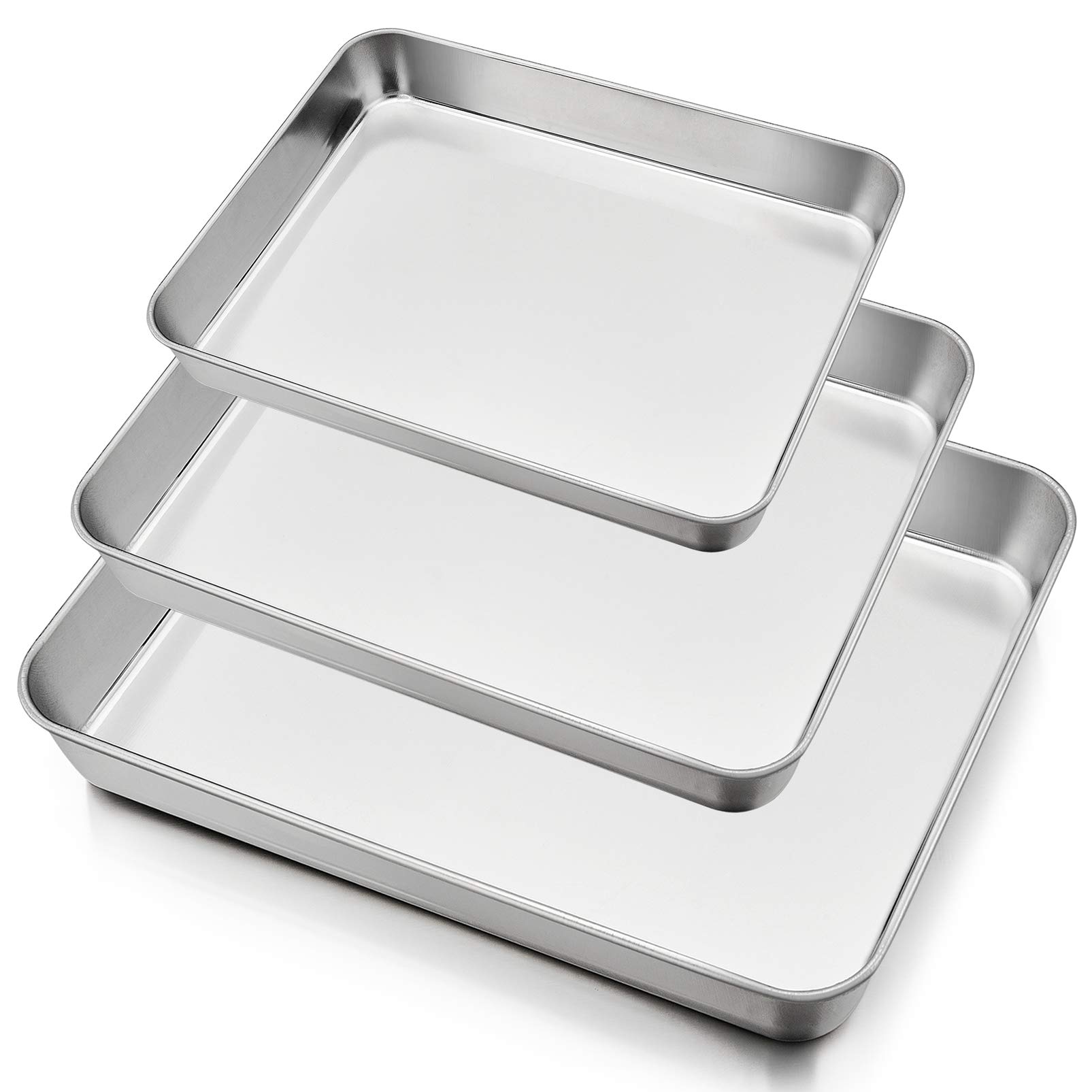 P&P CHEF Deep Baking Pan Set of 3 (12.3” & 10.4” & 9.3 Stainless Steel Baking Sheet Lasagna Rectangle Cake Pan for Oven Dishwasher Use, Non-Toxic & Heavy Duty & Easy Clean