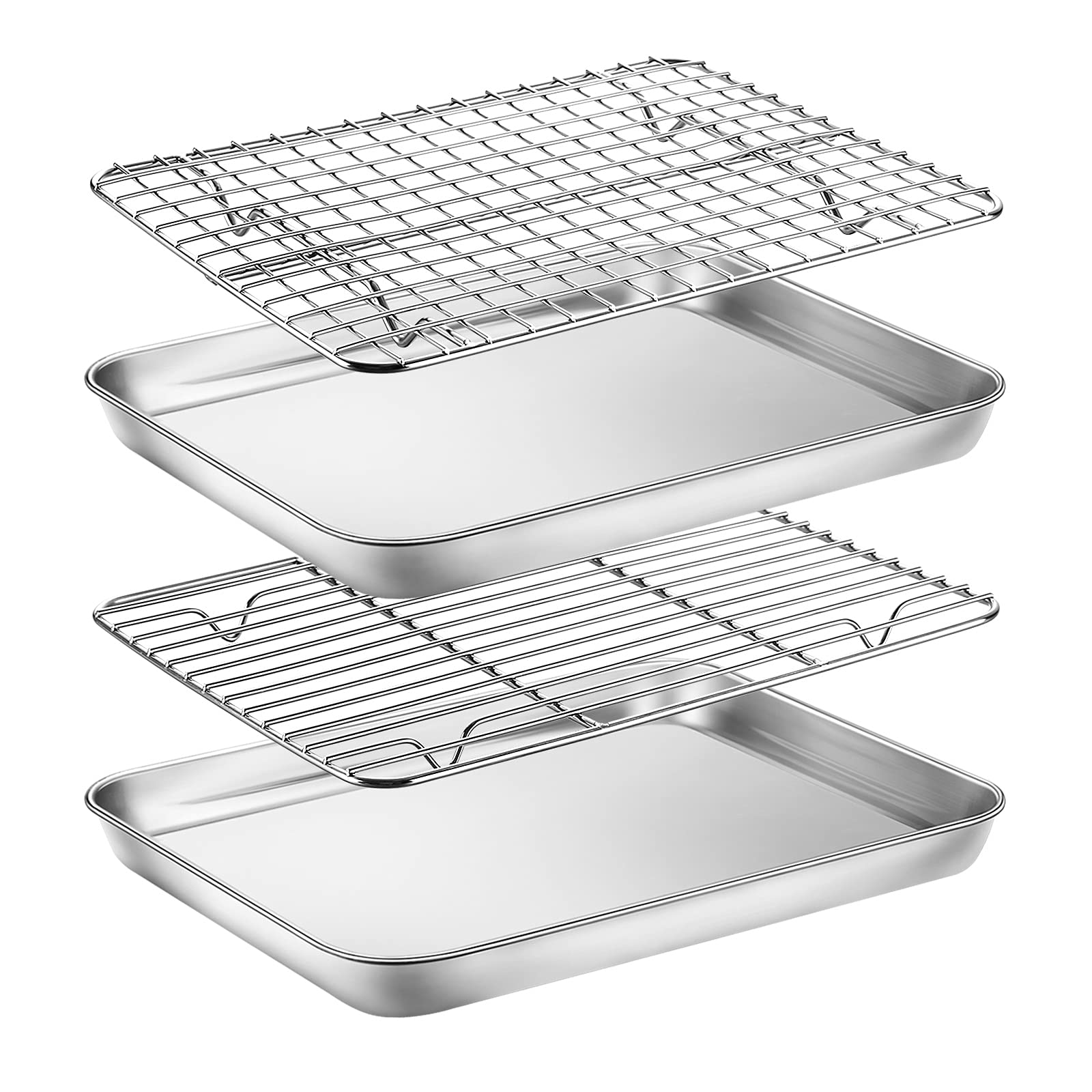 Baking Sheet with Rack Set, Yododo Set of 4 (2 Sheets + 2 Racks), Stainless Steel Cookie Sheet Baking Pan Tray with Cooling Rack, Non Toxic & Heavy Duty & Easy Clean - Size of 10 inch