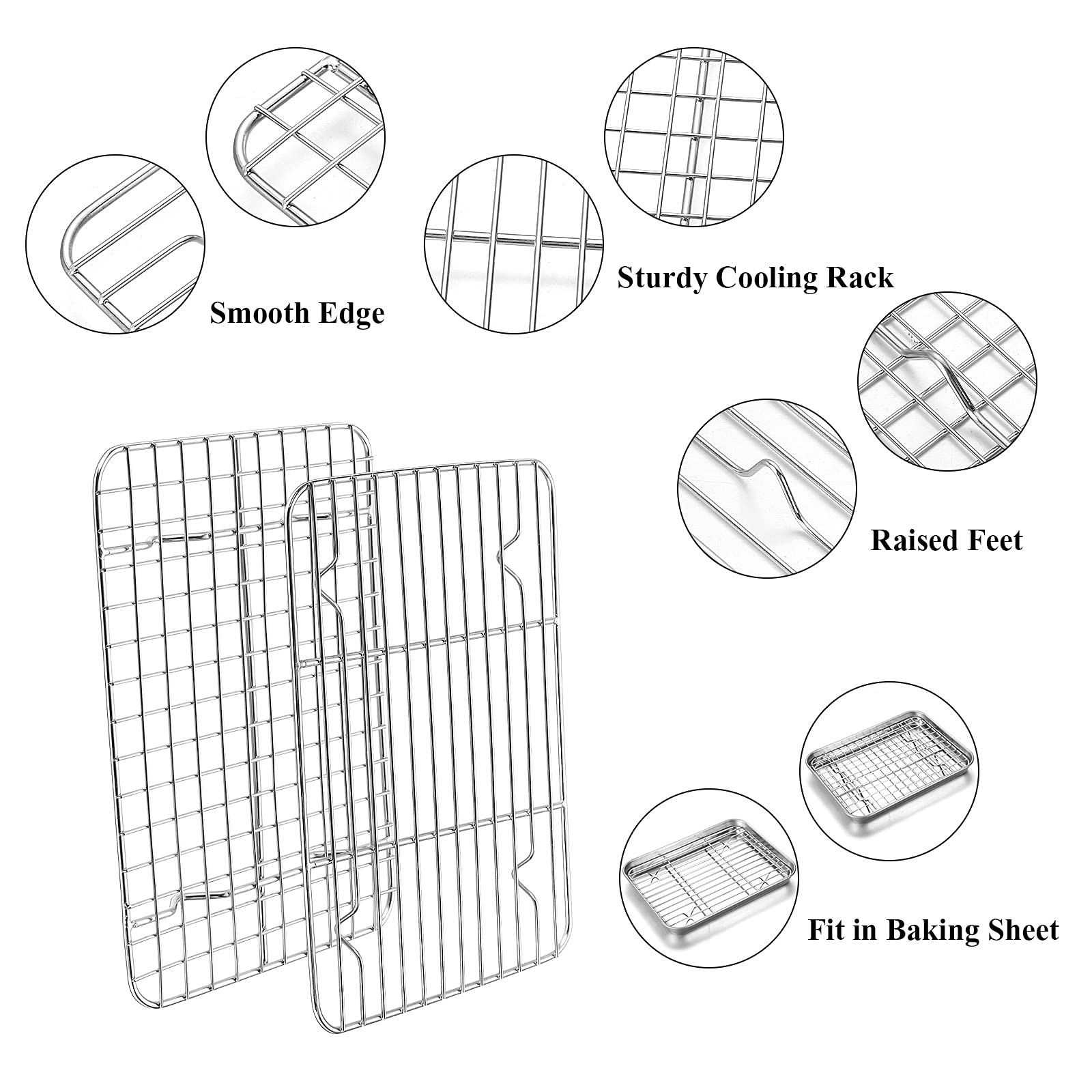 Baking Sheet with Rack Set, Yododo Set of 4 (2 Sheets + 2 Racks), Stainless Steel Cookie Sheet Baking Pan Tray with Cooling Rack, Non Toxic & Heavy Duty & Easy Clean - Size of 10 inch