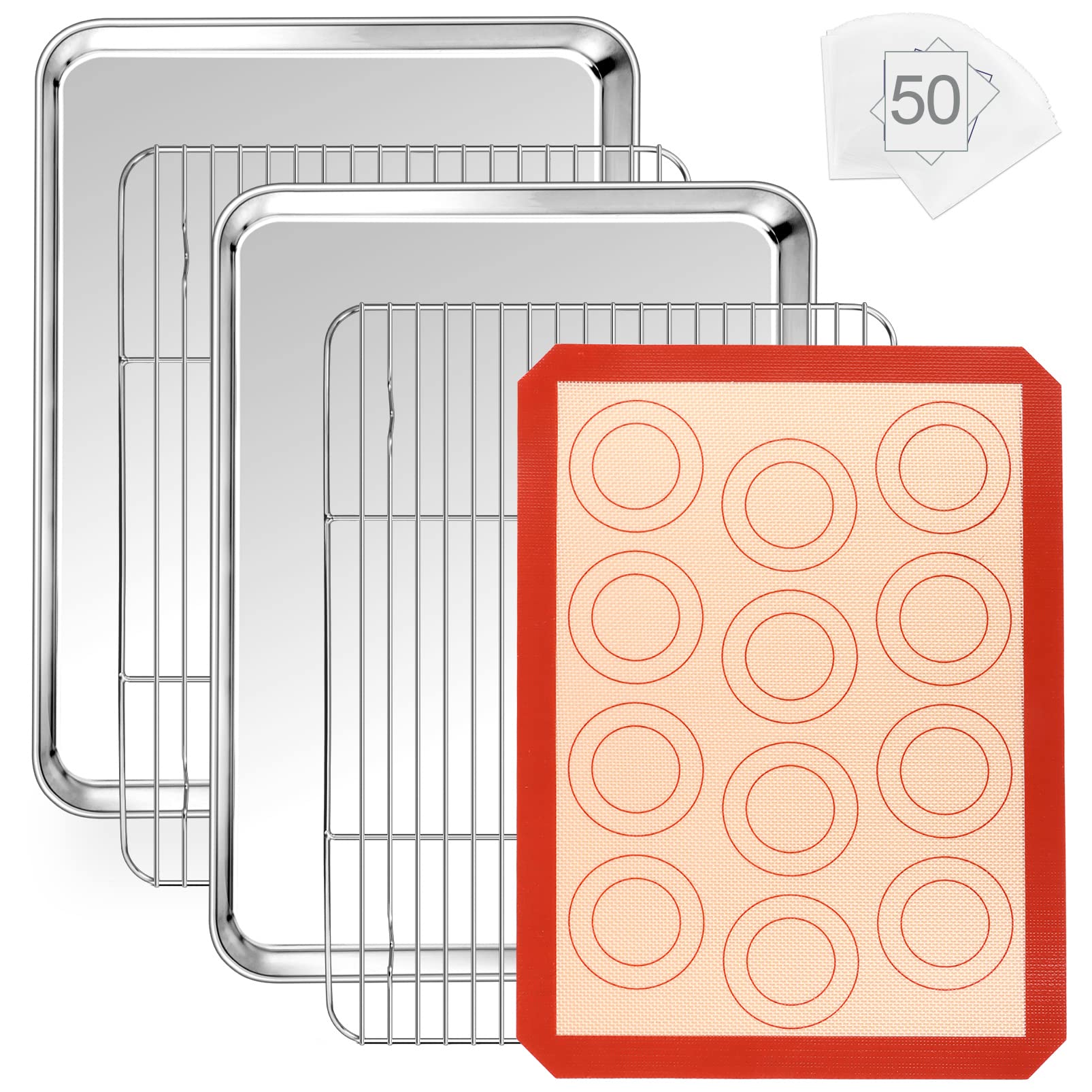 P&P CHEF 16 Inch Stainless Steel Baking Sheets with Racks and Silicone Mat, 55Pcs Cookie Sheet Oven Tray and Cooling Cooking Rack, Oven Safe, 2 Pans + 2Racks + 1 Mat + 50 Parchment Papers