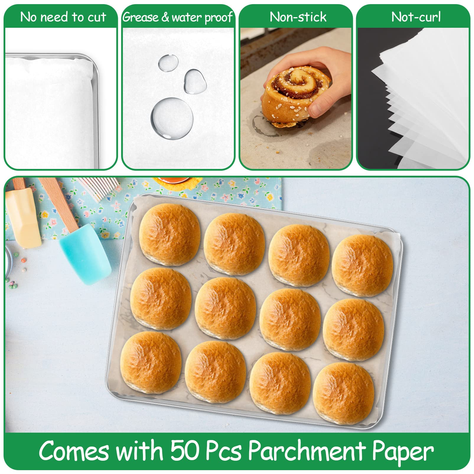 P&P CHEF 16 Inch Stainless Steel Baking Sheets with Racks and Silicone Mat, 55Pcs Cookie Sheet Oven Tray and Cooling Cooking Rack, Oven Safe, 2 Pans + 2Racks + 1 Mat + 50 Parchment Papers