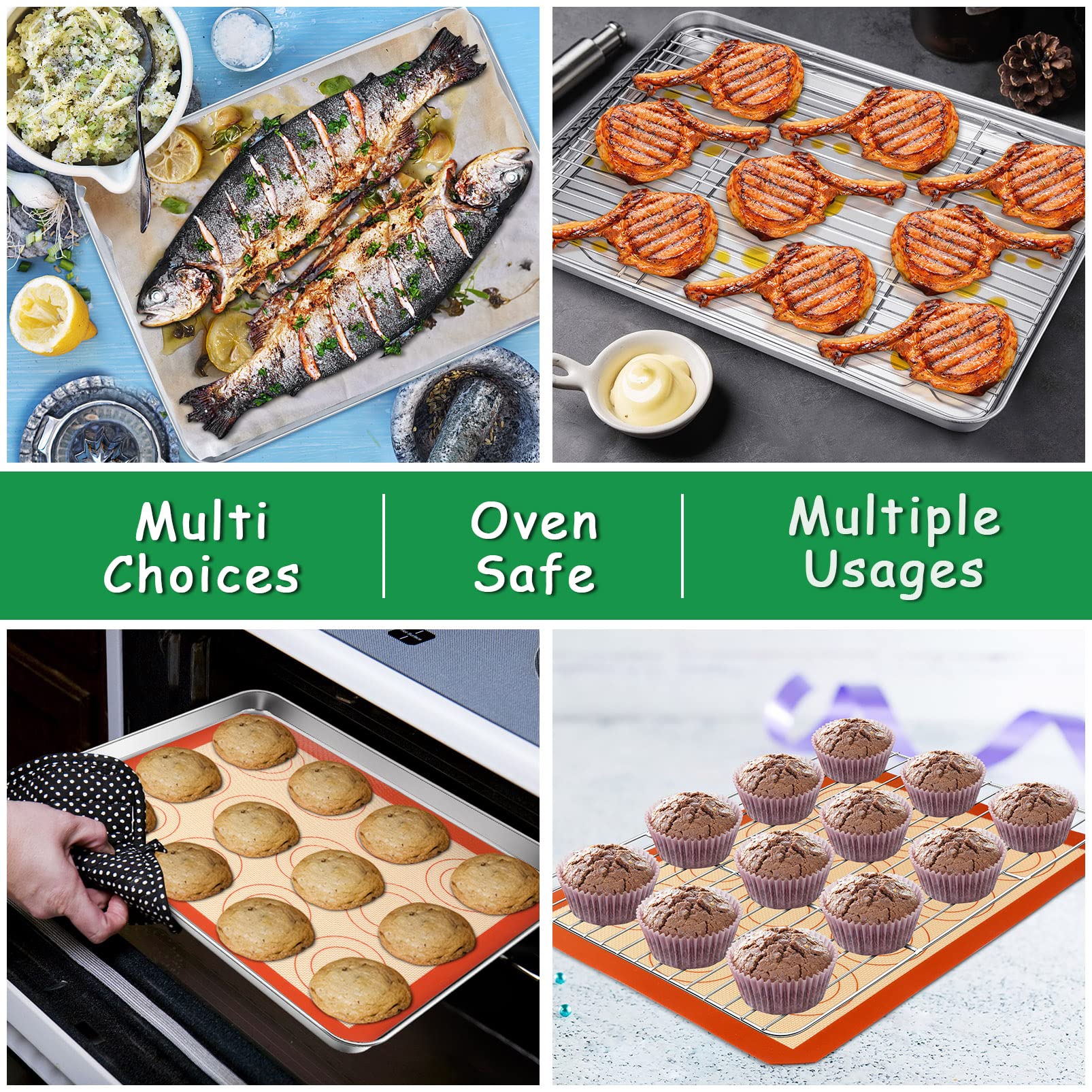 P&P CHEF 16 Inch Stainless Steel Baking Sheets with Racks and Silicone Mat, 55Pcs Cookie Sheet Oven Tray and Cooling Cooking Rack, Oven Safe, 2 Pans + 2Racks + 1 Mat + 50 Parchment Papers