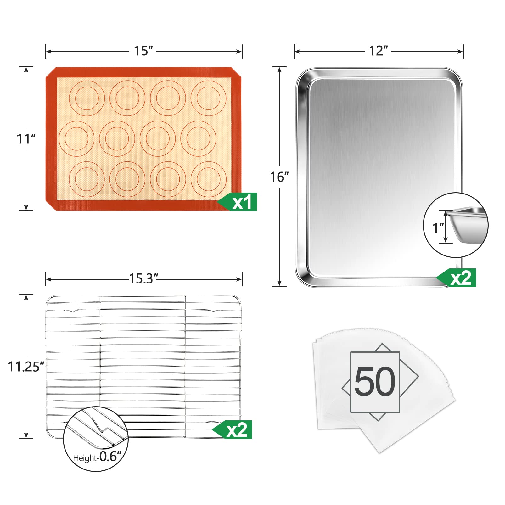 P&P CHEF 16 Inch Stainless Steel Baking Sheets with Racks and Silicone Mat, 55Pcs Cookie Sheet Oven Tray and Cooling Cooking Rack, Oven Safe, 2 Pans + 2Racks + 1 Mat + 50 Parchment Papers