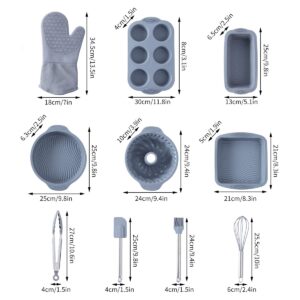 10in1 Nonstick Silicone Baking Cake Pan Cookie Sheet Molds Tray Set for Oven, BPA Free Heat Resistant Bakeware Suppliers Tools Kit for Muffin Loaf Bread Pizza Cheesecake Cupcake Pie Utensil