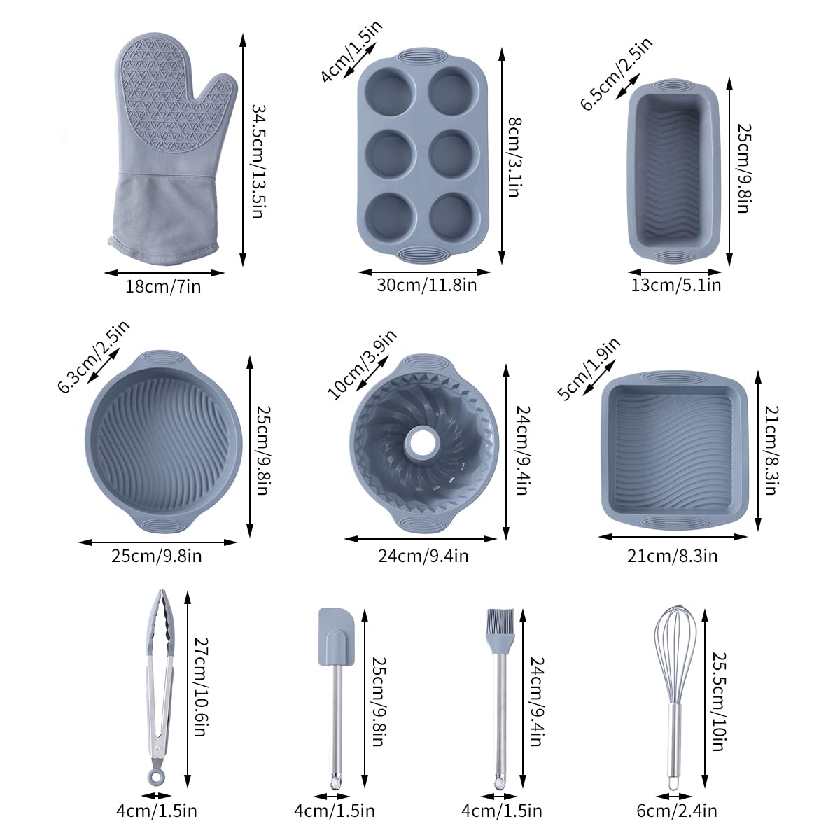 10in1 Nonstick Silicone Baking Cake Pan Cookie Sheet Molds Tray Set for Oven, BPA Free Heat Resistant Bakeware Suppliers Tools Kit for Muffin Loaf Bread Pizza Cheesecake Cupcake Pie Utensil