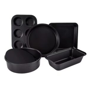 mttie baking pans set 5-piece toaster oven pans bakeware cooking includes nonstick cake pans/loaf pan/cupcake pan/pizza pan/cookie pan, carbon steel baking pan set,black