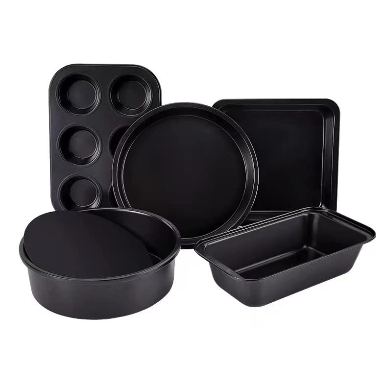 Mttie Baking Pans Set 5-Piece Toaster Oven Pans Bakeware Cooking Includes Nonstick Cake Pans/Loaf Pan/Cupcake Pan/Pizza Pan/Cookie Pan, Carbon Steel Baking Pan Set,Black