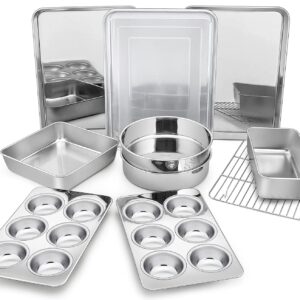 P&P CHEF Bakeware Sets of 11, Stainless Steel Baking Pans Set, Includes Baking Sheets and Rack, Lasagna Pan with Lid, Round/Square Cake Pan, Muffin Pans, Loaf Pan, Reusable & Durable