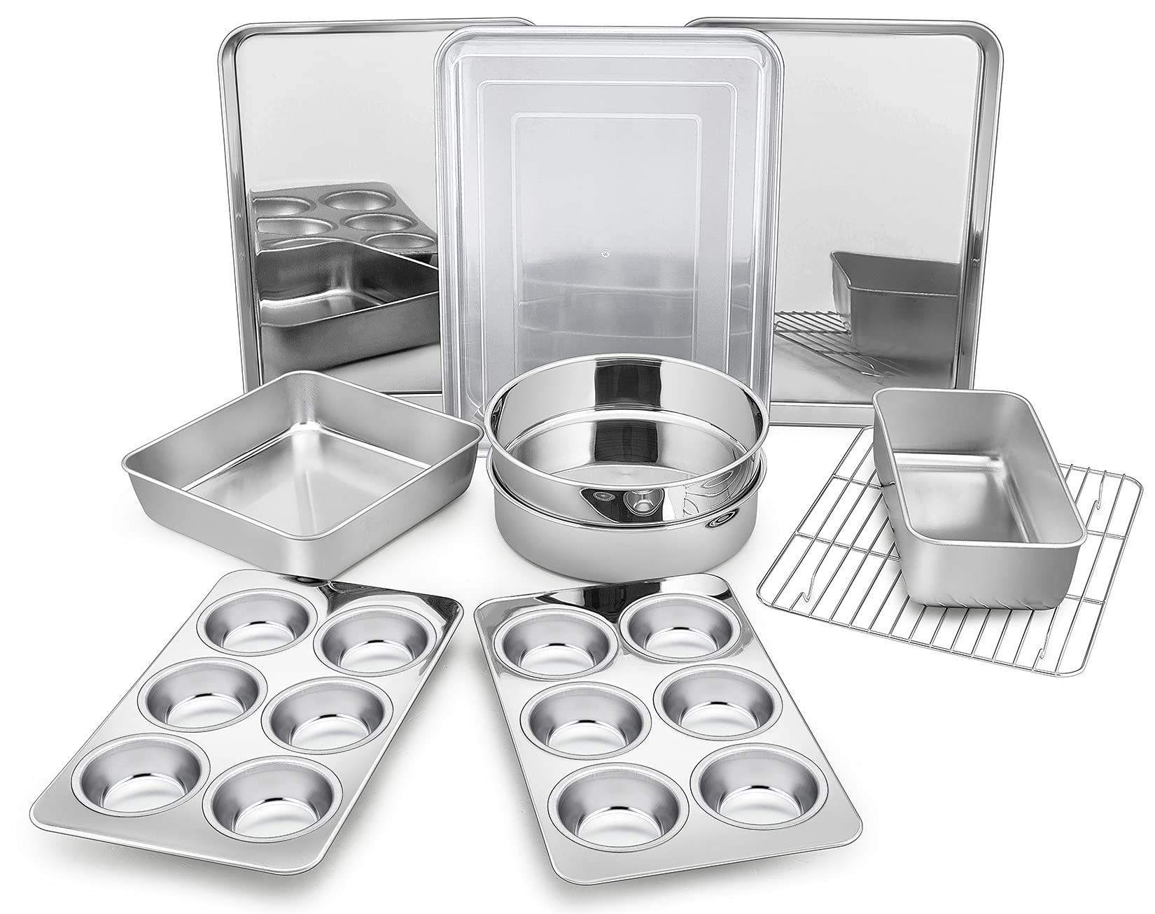 P&P CHEF Bakeware Sets of 11, Stainless Steel Baking Pans Set, Includes Baking Sheets and Rack, Lasagna Pan with Lid, Round/Square Cake Pan, Muffin Pans, Loaf Pan, Reusable & Durable