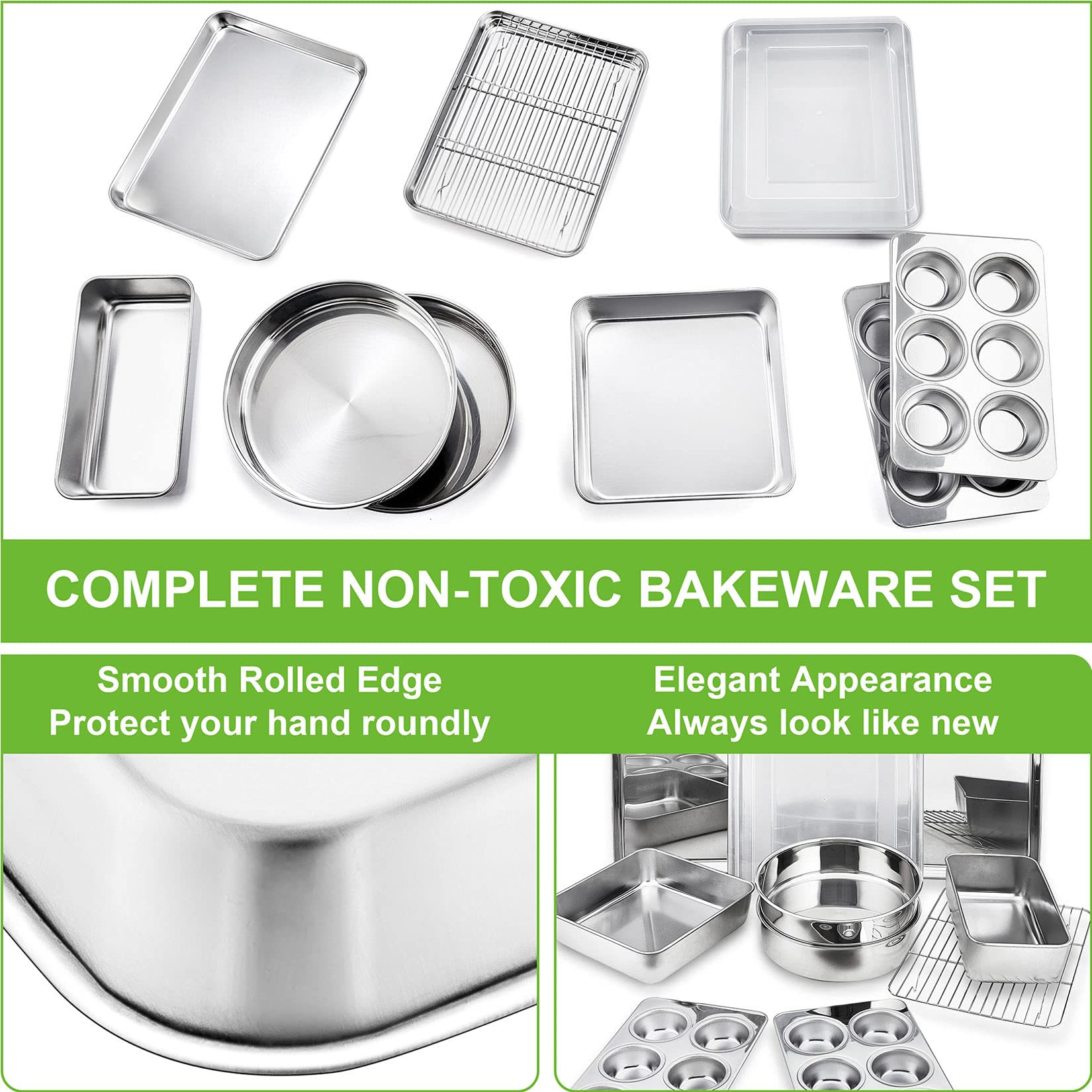 P&P CHEF Bakeware Sets of 11, Stainless Steel Baking Pans Set, Includes Baking Sheets and Rack, Lasagna Pan with Lid, Round/Square Cake Pan, Muffin Pans, Loaf Pan, Reusable & Durable