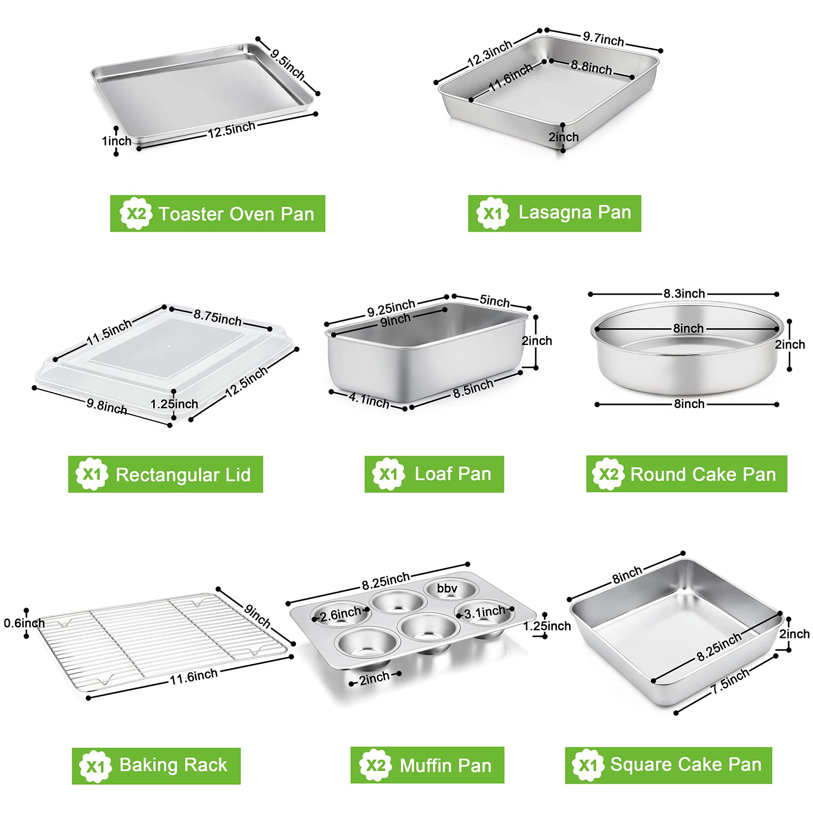 P&P CHEF Bakeware Sets of 11, Stainless Steel Baking Pans Set, Includes Baking Sheets and Rack, Lasagna Pan with Lid, Round/Square Cake Pan, Muffin Pans, Loaf Pan, Reusable & Durable