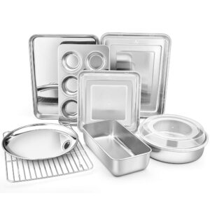 teamfar bakeware, stainless steel bakeware set with baking sheet and rack, lasagna pan with lid, square & round cake pan with lid, muffin pan & loaf pan, pizza pan, healthy & dishwasher safe