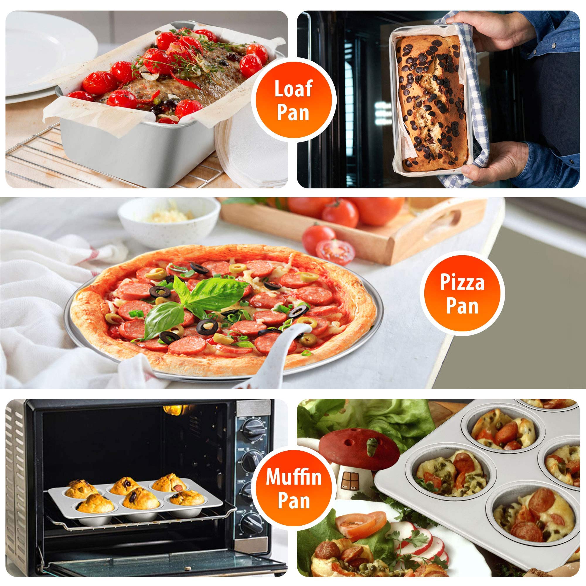 TeamFar Bakeware, Stainless Steel Bakeware Set with Baking Sheet and Rack, Lasagna Pan with Lid, Square & Round Cake Pan with Lid, Muffin Pan & Loaf Pan, Pizza Pan, Healthy & Dishwasher Safe