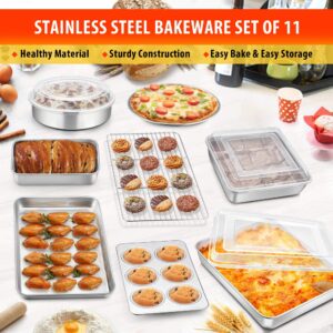 TeamFar Bakeware, Stainless Steel Bakeware Set with Baking Sheet and Rack, Lasagna Pan with Lid, Square & Round Cake Pan with Lid, Muffin Pan & Loaf Pan, Pizza Pan, Healthy & Dishwasher Safe