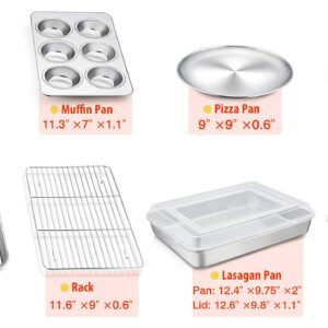 TeamFar Bakeware, Stainless Steel Bakeware Set with Baking Sheet and Rack, Lasagna Pan with Lid, Square & Round Cake Pan with Lid, Muffin Pan & Loaf Pan, Pizza Pan, Healthy & Dishwasher Safe