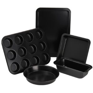 tebery 5 pack nonstick bakeware set includes cookie sheet, loaf pan, square pan, round cake pan, 12 cups muffin pan